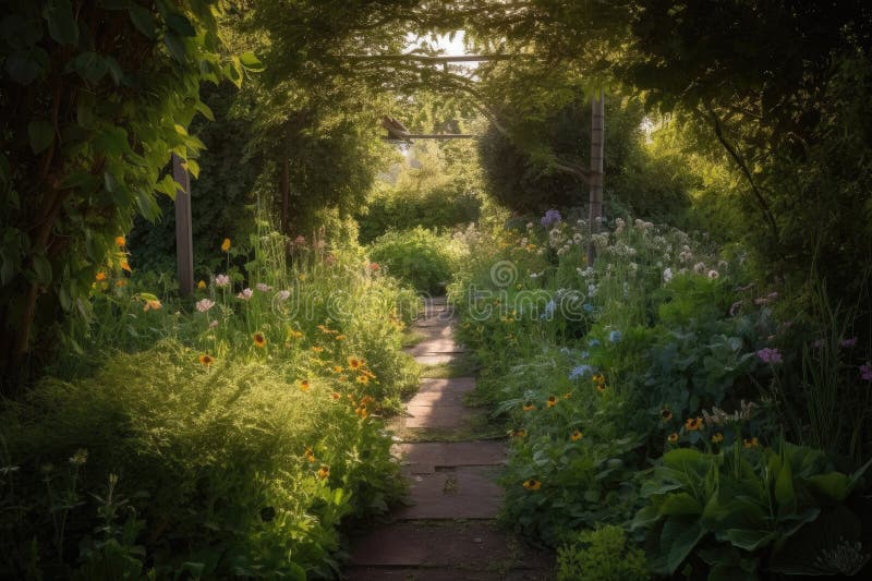 A Sun-dappled Path through a Garden of Fresh Growth Stock Illustration ...