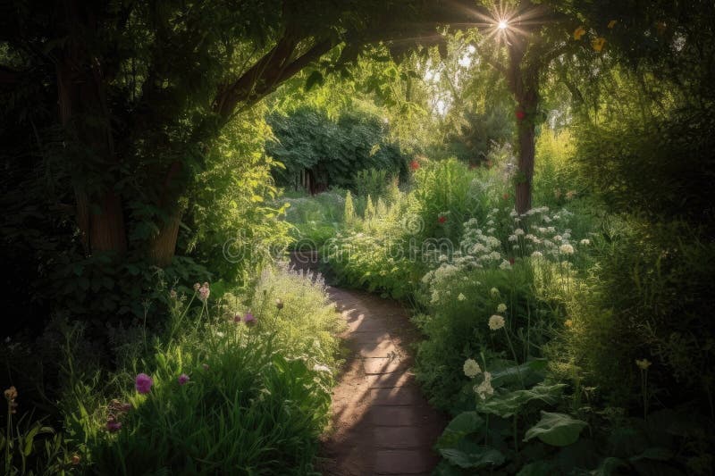 A Sun-dappled Path through a Garden of Fresh Growth Stock Illustration ...