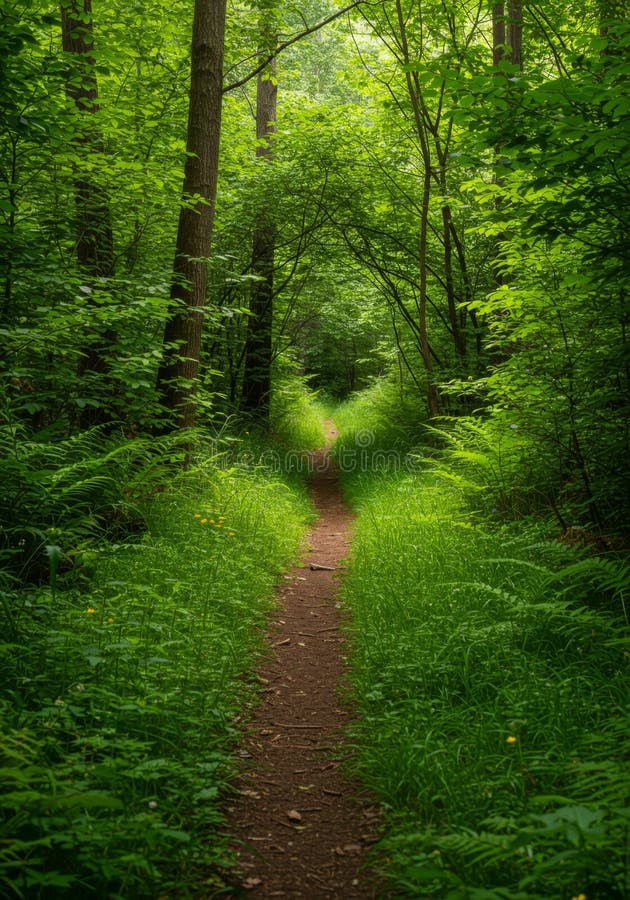Sun Dappled Path through Lush Green Forest Stock Illustration - Illustration of journey ...
