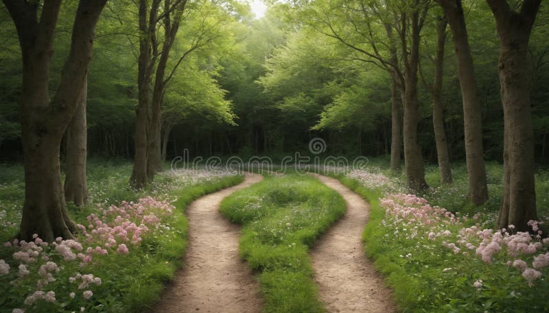 Sun-dappled Path through a Springtime Forest, Leading To a Misty ...