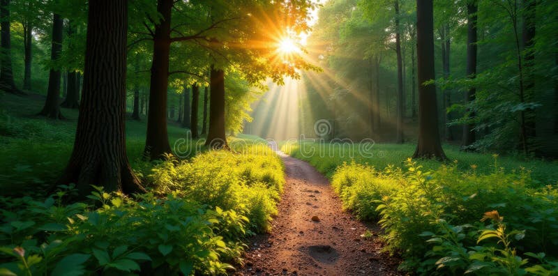 Sun Dappled Path Winding through Lush Swedish Forest, Leaves, Trail ...