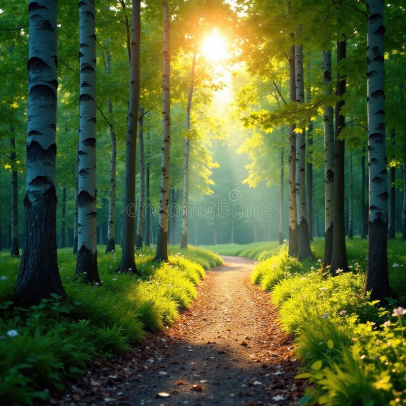 Sun-dappled Path Winds through Birch Forest Soft Light Flora Canopy ...