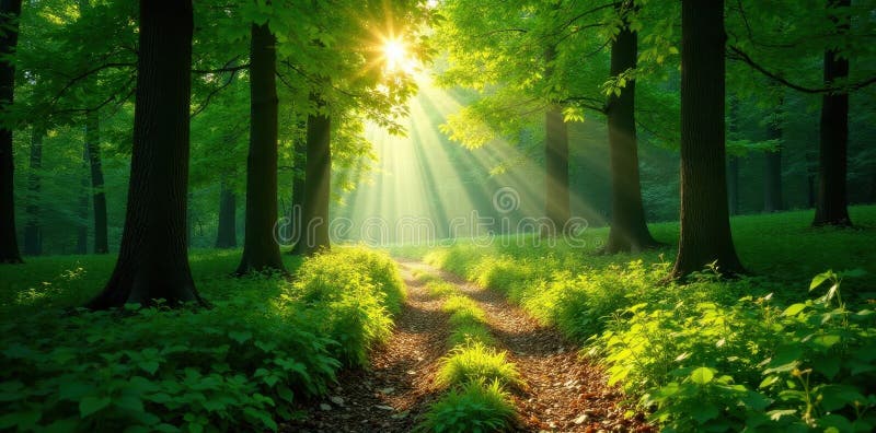 Sun Dappled Path Winds through Lush Green Forest, Sunlight Filtering ...