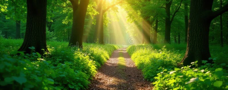 Sun Dappled Path Winds through Lush Green Forest, Sunlight Filtering ...