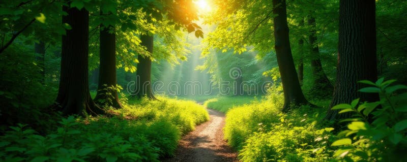 Sun Dappled Path Winds through Lush Green Forest, Sunlight Filtering ...