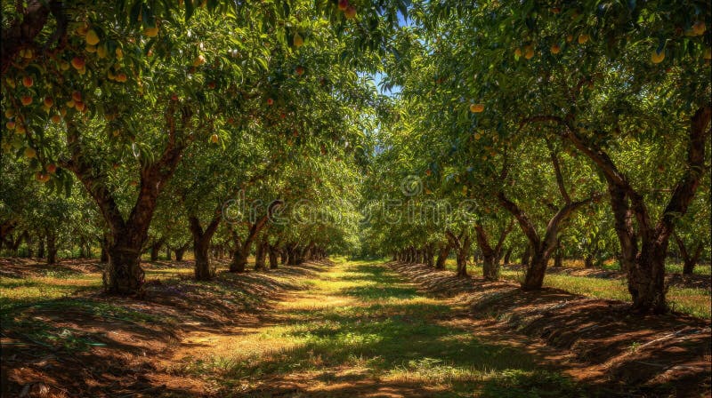 Sun Dappled Pathway through Lush Green Orchard Stock Illustration ...