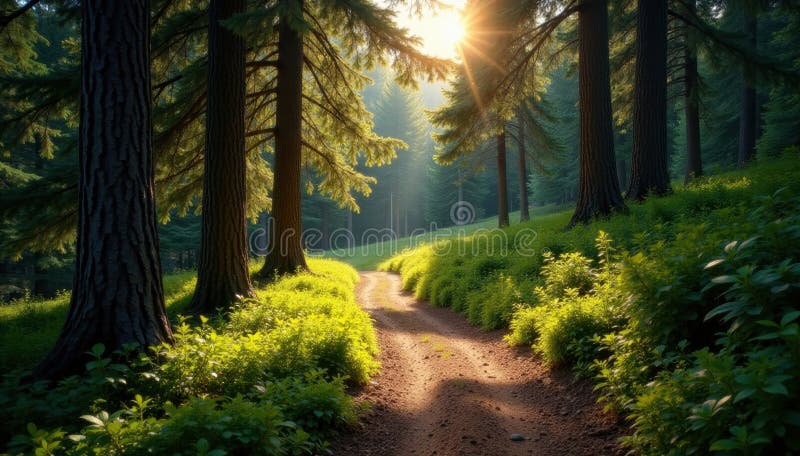 Sun Dappled Pine Forest Trail, Winding Uphill, Needle, Shadow, Path ...