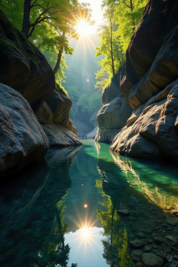 Sun-dappled Rock Reflections in Still Gorge Water Sun Serene Stock ...
