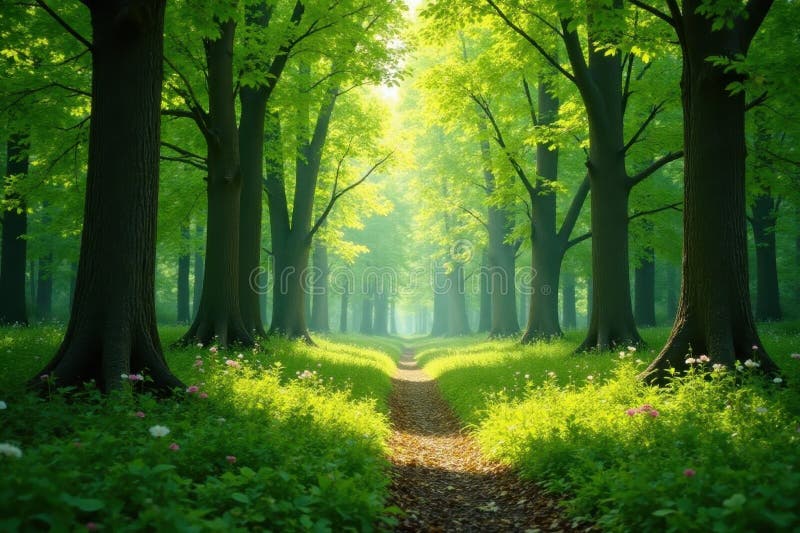 Sun-dappled Spring Forest Vibrant Green Canopy Silent Environment Stock ...