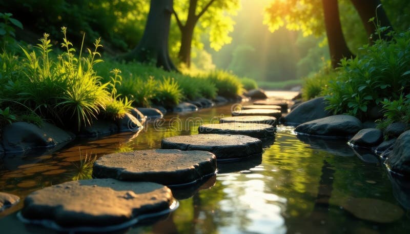 Sun Dappled Stepping Stones Cross Tranquil River, Lush Greenery ...
