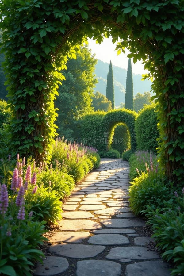 Sun Dappled Stone Pathway Meanders through Vibrant Villa Greenery ...