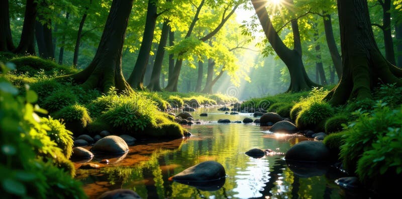 Sun Dappled Stream Flows through Lush Green Forest, Trees, Creek Stock ...