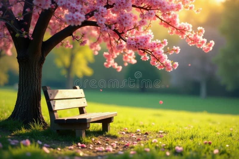 Sun Dappled Wooden Bench Beneath Blossoming Tree Idyllic Spring Scene ...