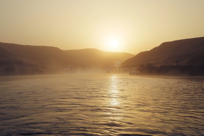 The Sun is Descending Behind the River, Spreading a Warm Radiance ...