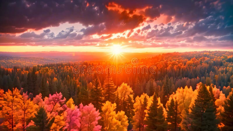 The Sun Descends Behind a Dense Forest Filled with Trees, a ...