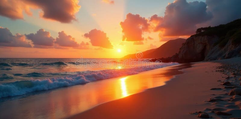 Sun Dips Below Horizon, Casting Long Shadows on the Beach , Tropical ...