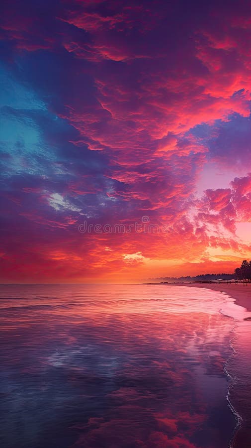 Sun down on the ocean side stock illustration. Illustration of bright ...