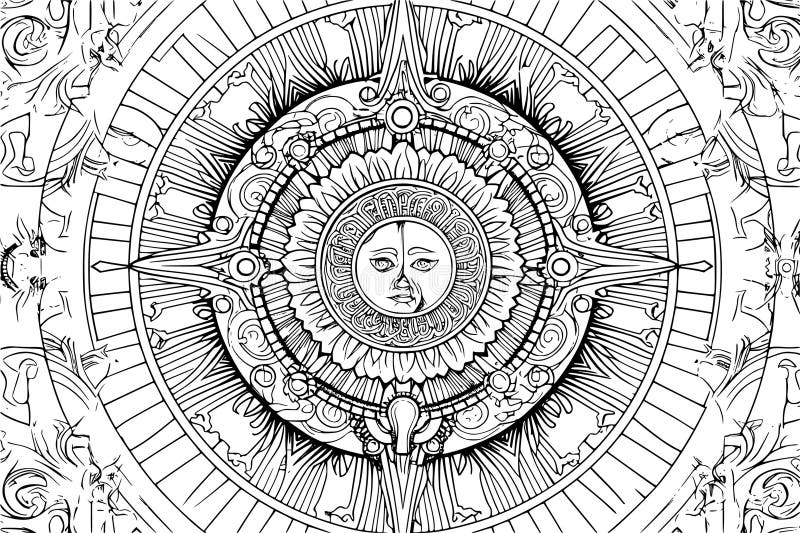 Sun Drawing in Line Engraving or Coloring Book Style. Magic, Vintage ...