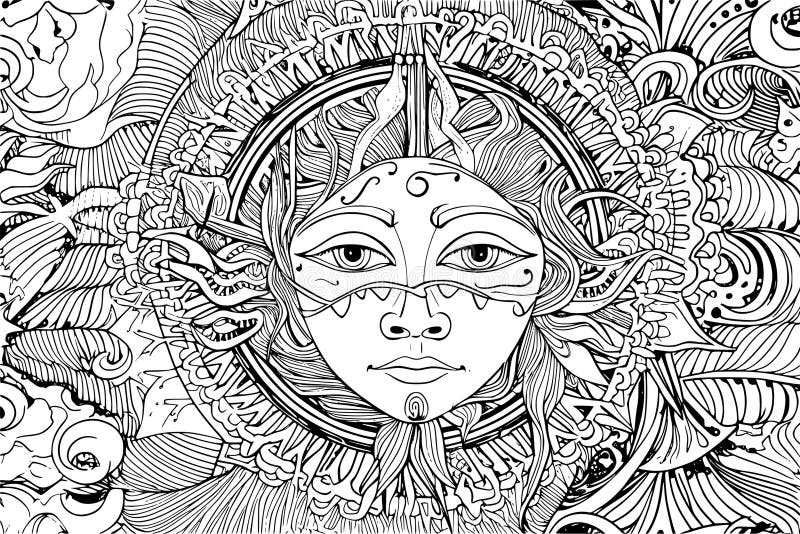 Sun Drawing in Line Engraving or Coloring Book Style. Magic, Vintage ...