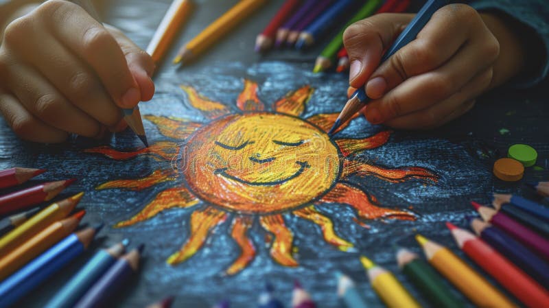The Sun Drawn by the Child with Colorful Pencils. Stock Photo - Image ...