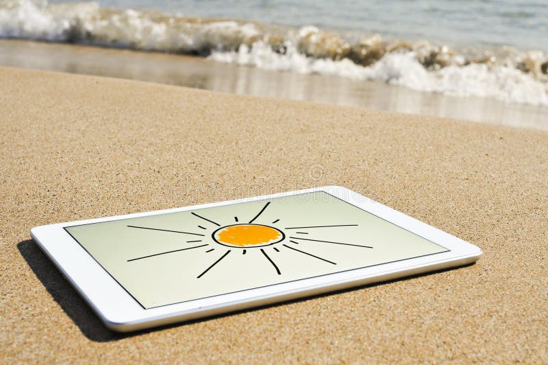Sun Drawn in a Tablet in the Sand of a Beach Stock Image - Image of ...