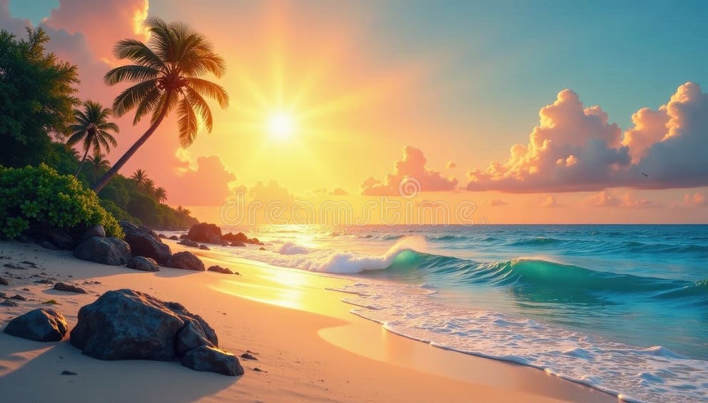Sun Drenched Beach; Hazy Summer Solstice Seascape Vector, Waves, Clouds ...