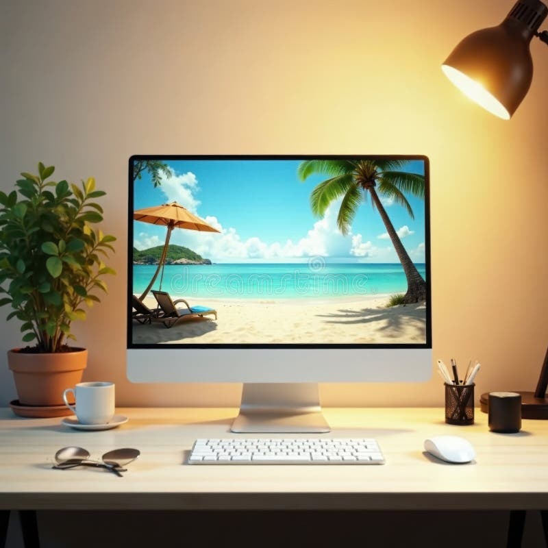 Sun Drenched Beach Scene on a Clean, Empty Desk , Calm, Simple Stock ...