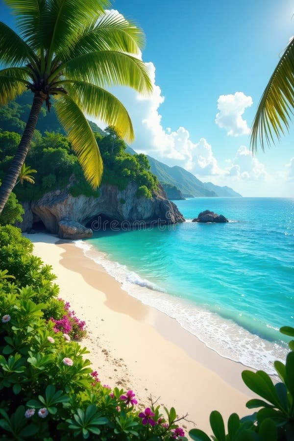 Sun Drenched Beach, Turquoise Water, Lush Vegetation , Tropical Beach ...