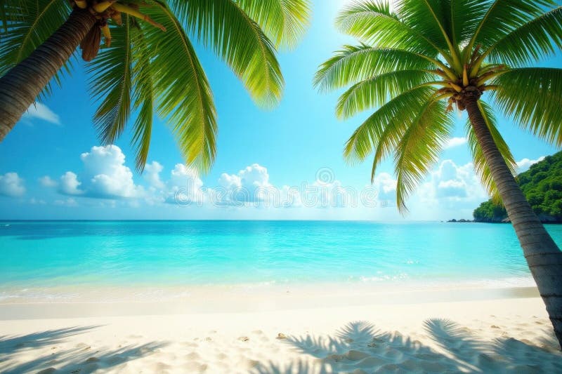 Sun Drenched Beach, Turquoise Water, Palm Trees, Clouds, Sand, Sun ...