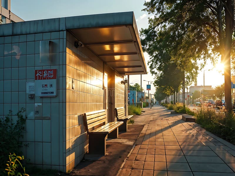 Sun-Drenched Bus Stop at Sunset Stock Illustration - Illustration of ...