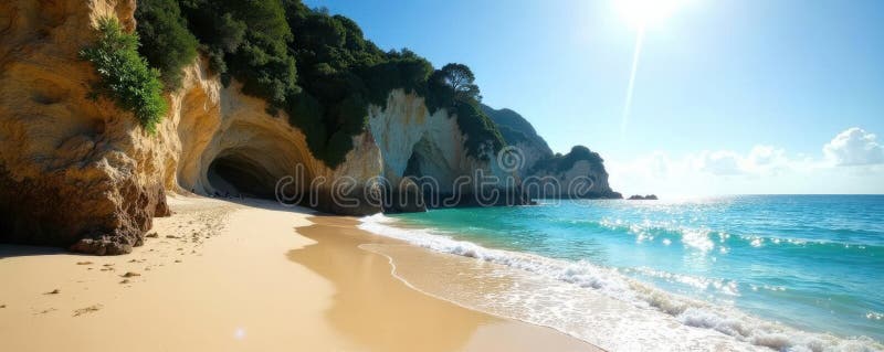 Sun Drenched Cathedral Cove Beach, Summer Tranquility Wide Panoramic ...