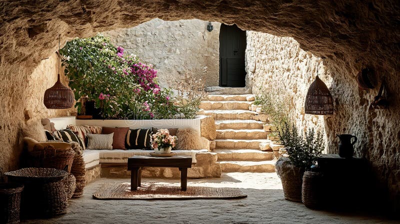 Sun-drenched Cave House Patio. Rustic, Stylish Seating Area with Stone ...