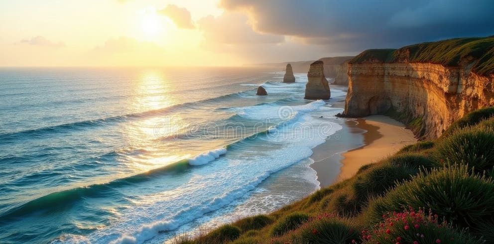 Sun Drenched Cliffs Overlooking Pacific Ocean Waves, Sun, Coastal, Beach Stock Illustration ...