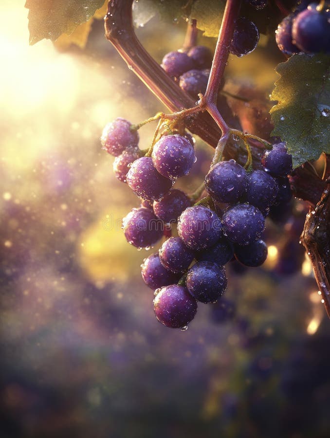 A Sun-drenched Close-up of a Cluster of Deep-purple Grapes Hanging from ...
