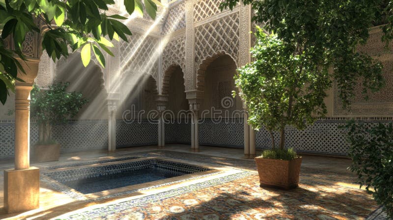 A Sun-drenched Courtyard Adorned with a Reflecting Pool, Complex Tile ...