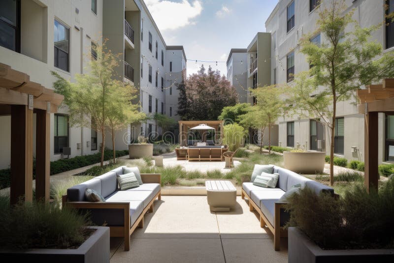 Sun-drenched Courtyard with Cozy Seating and a View of the Pool Stock ...