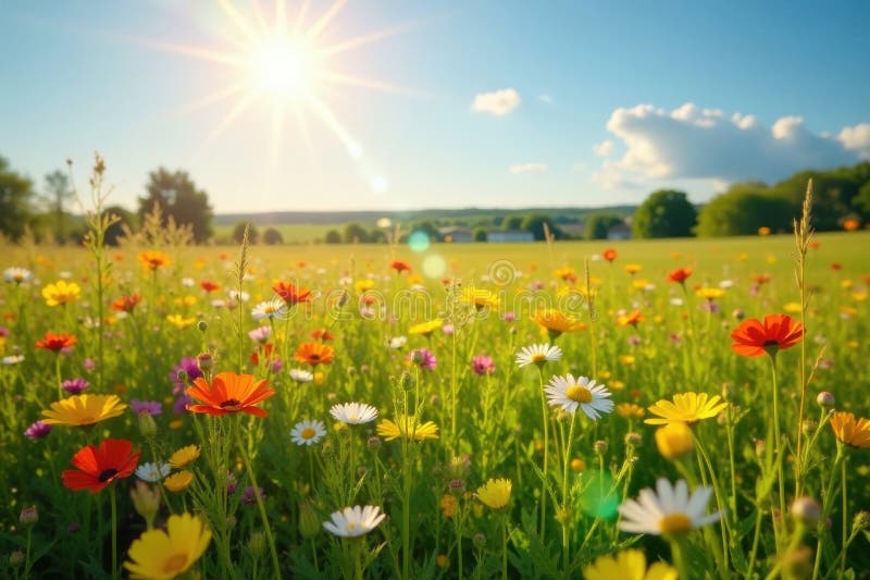 Sun Drenched Field Explodes with Wildflowers, Idyllic Summer Scene ...