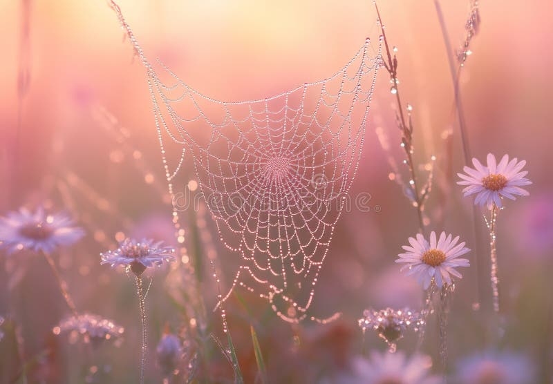In a Sun-drenched Field of Grass and Flowers, a Spiderweb Sparkles with ...