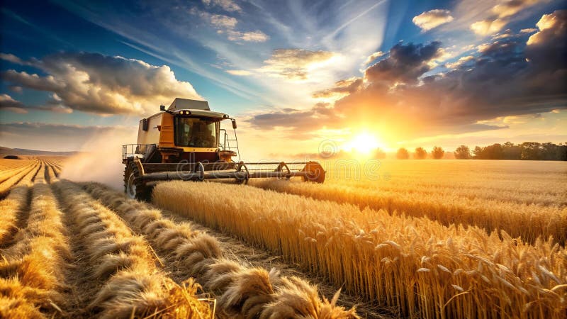 Sun-Drenched Fields and the Rhythmic Hum of Harvesting Machinery AI Generated Stock Illustration ...