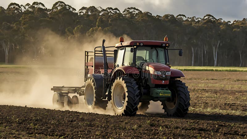 Sun-Drenched Fields Tractor Hard at Work in Open Landscape Stock Image ...