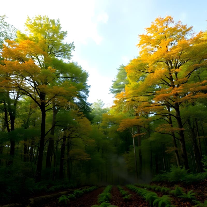 Sun-drenched Forest Path with Crystal-clear Stream Stock Illustration ...