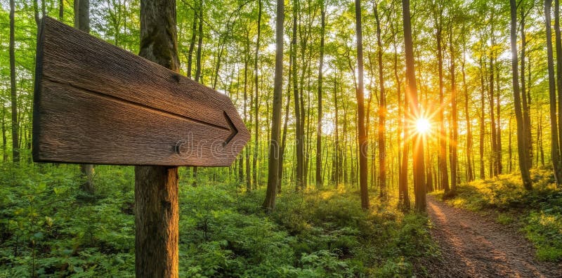 In a Sun-drenched Forest Path, a Simple Wooden Signpost Features Two ...