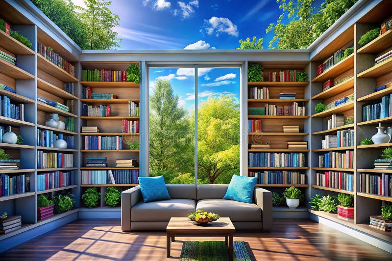 Sun-drenched Indoor Library with Garden View Stock Illustration ...