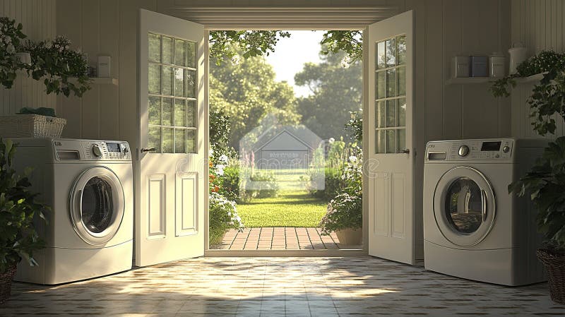 Sun-drenched Laundry Room with Garden View Stock Illustration ...
