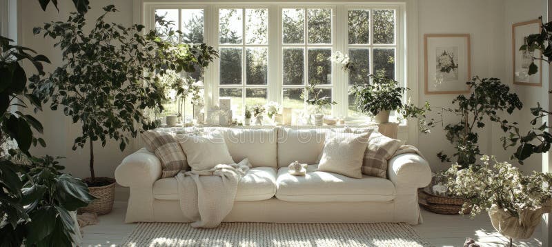 Sun-Drenched Living Room Interior with Sofa, Plants, and Large Windows ...