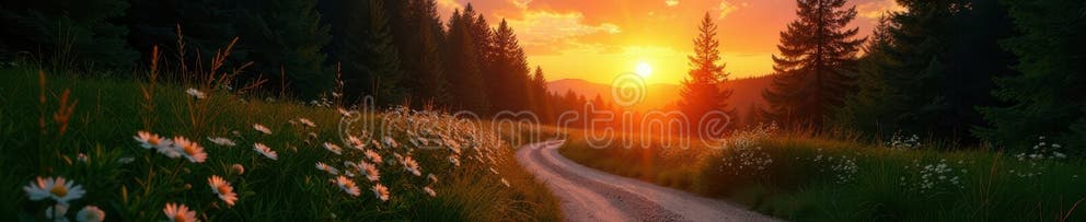Sun Drenched Path Winds through Lush Forest, Vibrant Sunset Sky ...