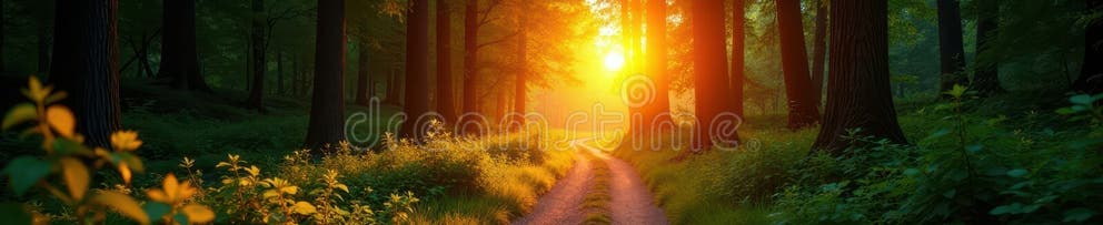 Sun Drenched Path Winds through Lush Forest, Vibrant Sunset Sky ...
