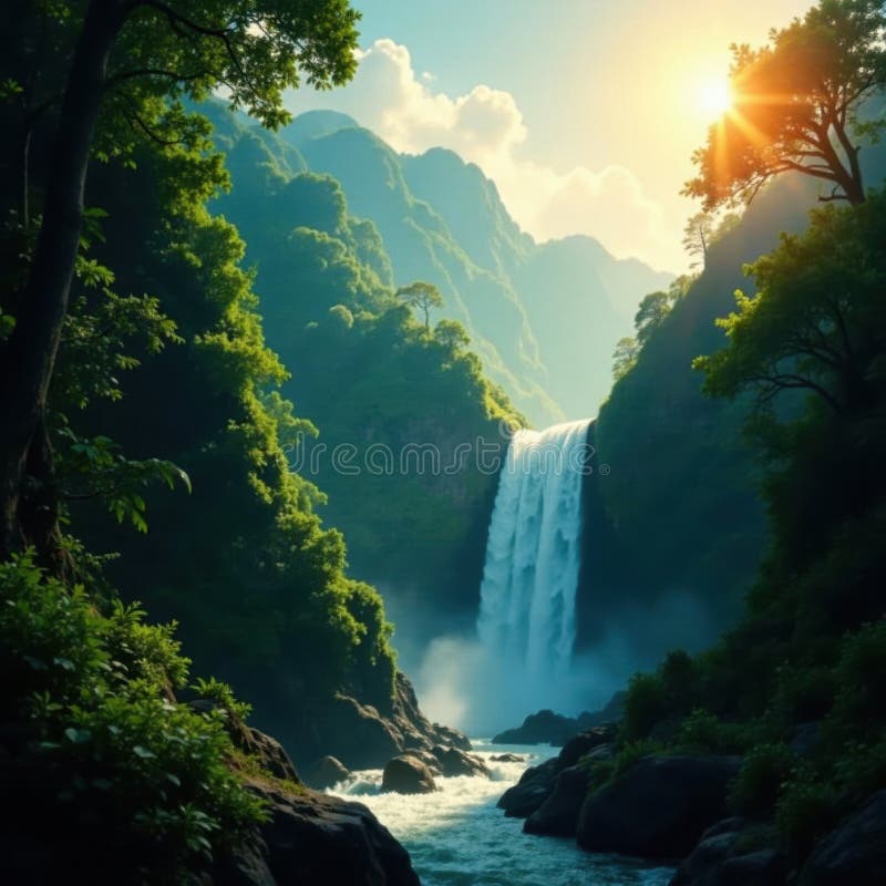 Sun Drenched Rainforest Valley, Towering Trees, Cascading Waterfall ...