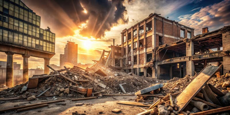 Sun-drenched Ruins of a Post-disaster Cityscape at Sunset. Generative ...