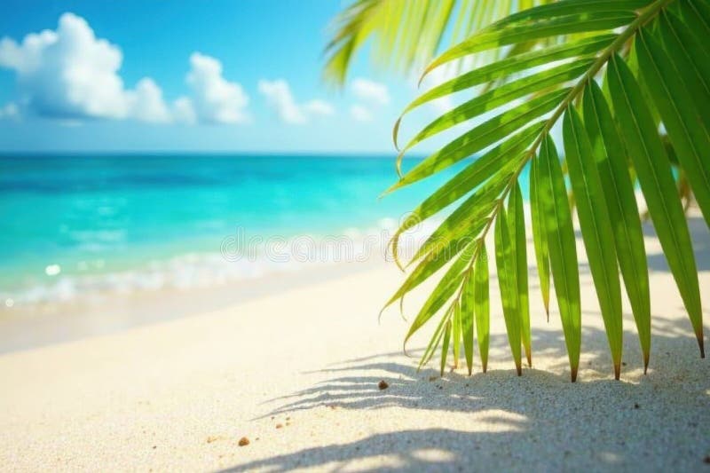Sun Drenched Sand Sharp Coconut Leaf Shadow Blurred Ocean Tropical ...
